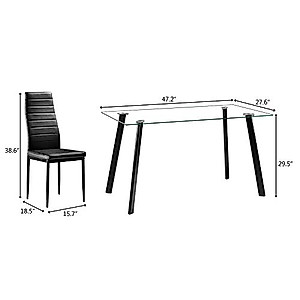 110cm Dining Table Set 5PCS Modern White Tempered Glass Dining Set with 4pcs PVC Leather Chairs Transparent & Creamy (Black)