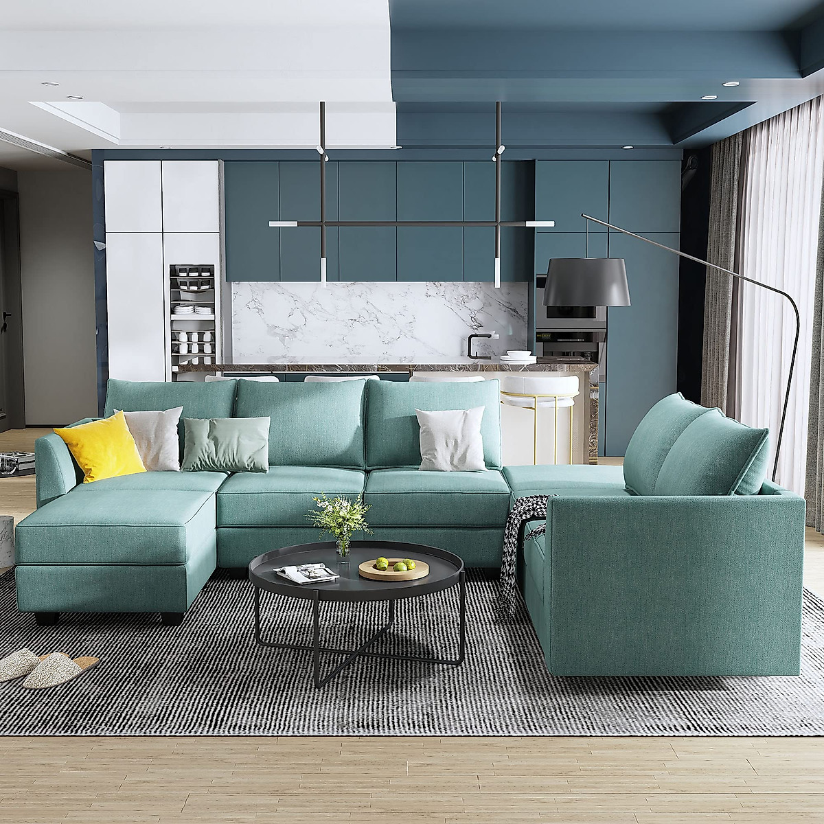HONBAY Orage U Shape Corner Sectional Sofa Set, Aqua Blue
