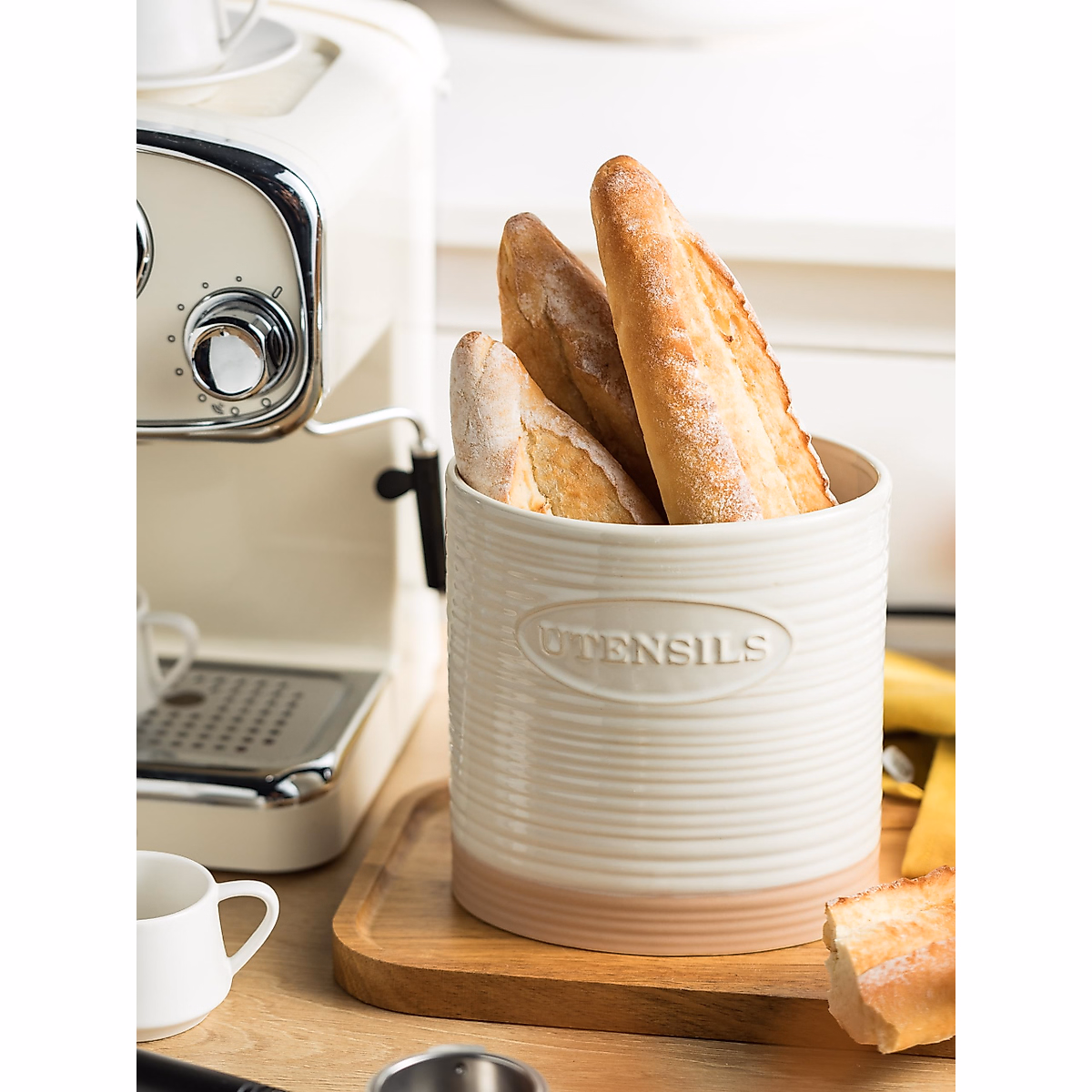 YHOSSEUN Utensil Holder for Kitchen Counter, Oval Utensil Crock Rustic Utensil Organizer for Countertop, 6.7" Ceramic Kitchen Tool Holder Two-tone Finish, Housewarming Cooking Gifts