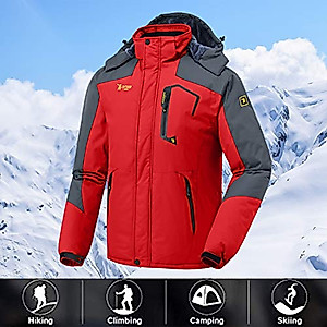 JINSHI Men's Snow Jacket Waterproof Ski Jackets Winter Hooded Mountain Fleece Jacket (Red,M)