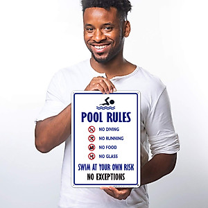 Pool Rules Sign, No Diving No Running No Food No Glass, 10x14 Inches, Rust Free .040 Aluminum, Fade Resistant, Made in USA by Sigo Signs