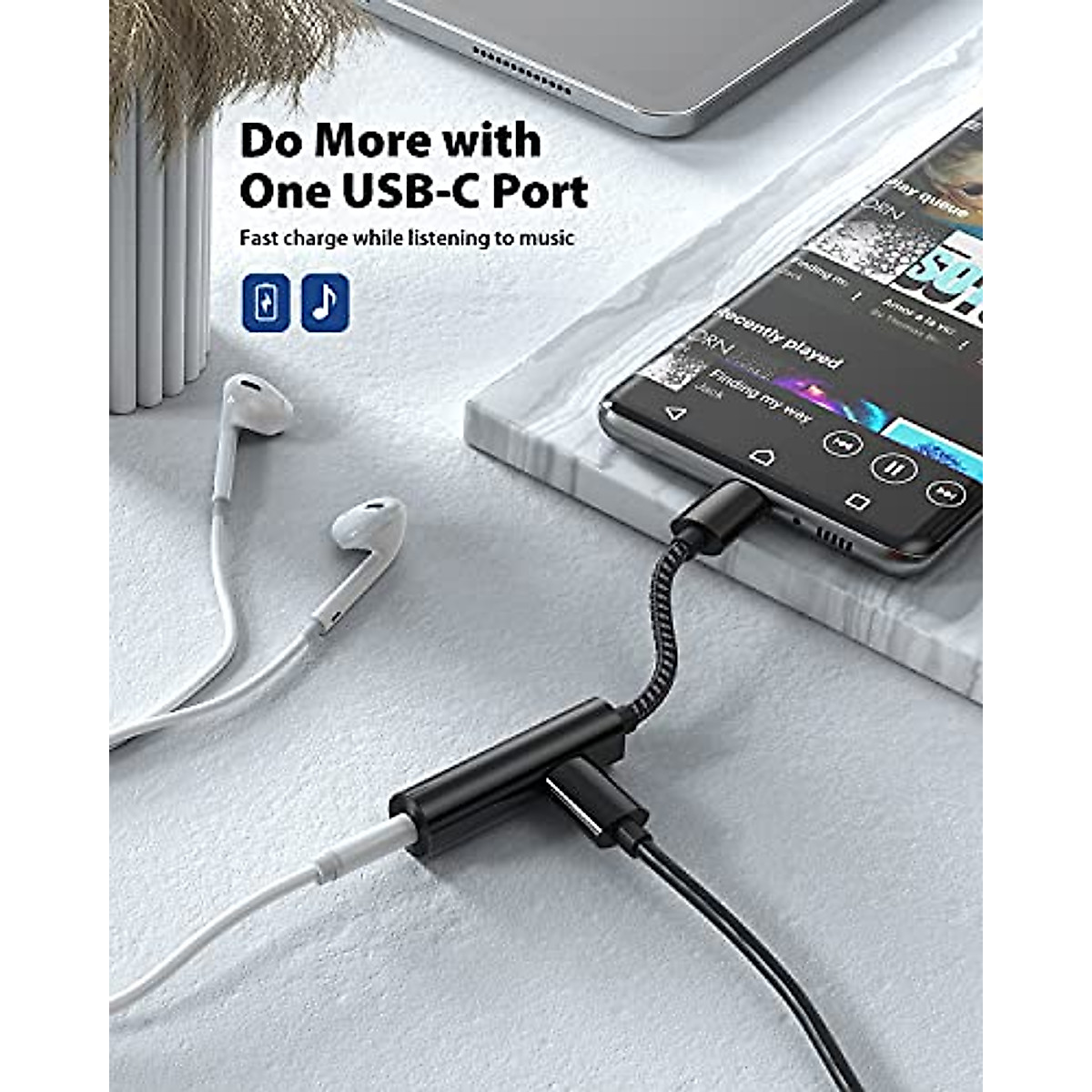 USB C Headphone and Charger Adapter, 2 in 1 Stouchi 32bit 384khz USB Type C to 3.5mm Audio Jack with PD 30W Fast Charging Converter for Stereo, Aux, Earphones Compatible with Galaxy S20/S21 Note 20/10