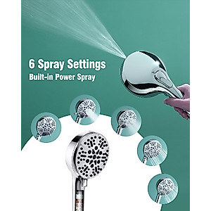 Diiwet Filtered Shower Head with Handheld, High Pressure Shower Heads with Filter for Hard Water, 6 Spray Modes Detachable Showerhead with Hose and Bracket (Chrome Polished)