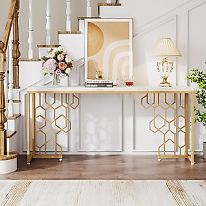 Tribesigns Modern Console Table, 70.87" Long Entryway Table for Living Room, Hallway, Entrance, Front Door, Foyer Sofa Table with Geometric Gold Frame & Faux Marble White Tabletop