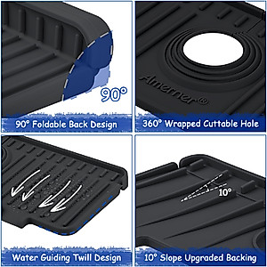 Amerner Kitchen Sink Splash Guard, 10° Large Slope & Adaptable Hole Faucet Mat for Kitchen Sink, Silicone Sink Organizer Sponge Holder for Kitchen, Bathroom, RV, Bar, 14.2” x 5.1”, Black