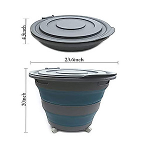 SAMMART 66L(17.4 Gallon) Collapsible Plastic Garbage Bin with Wheels & Removable Lid-Foldable Pop Up Container-Portable Washing Tub-Space Saving Basket,Water Capacity 56L(14.8 Gallon)(Grey/Blue)