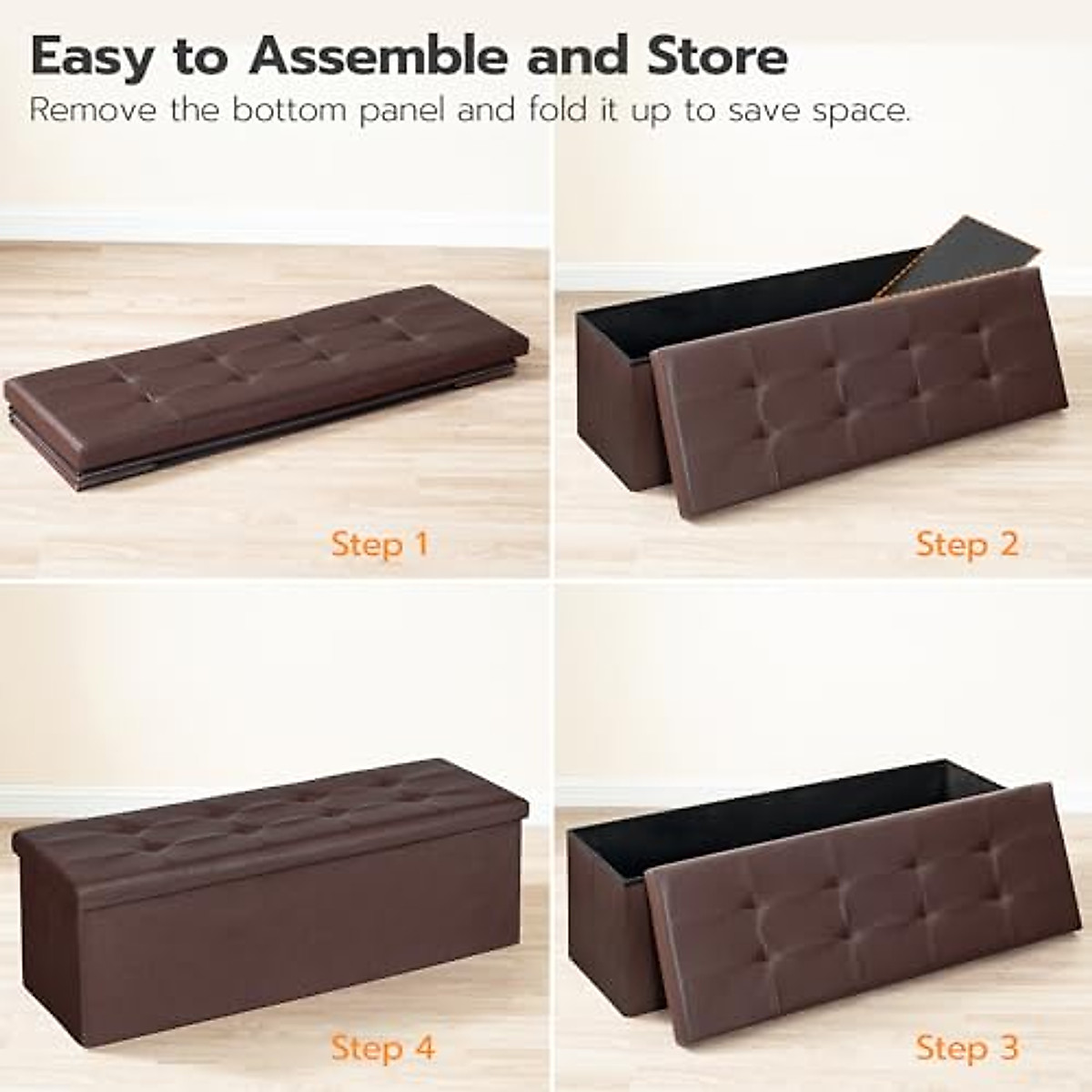 HOOBRO 43.3 Inchs Folding Storage Ottoman Bench, Storage Chest, Footrest, Coffee Table, Padded Seat, Upholstered Top, Holds up to 660 lb, for Living Room, Bedroom, Entryway, Brown BR110CW01