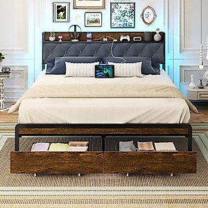Queen Size Metal Platform Bed Frame with 2 Storage Drawers & LED Light, Upholstered Headboard with Charging Station, No Box Spring Needed, Brown Wood Panel