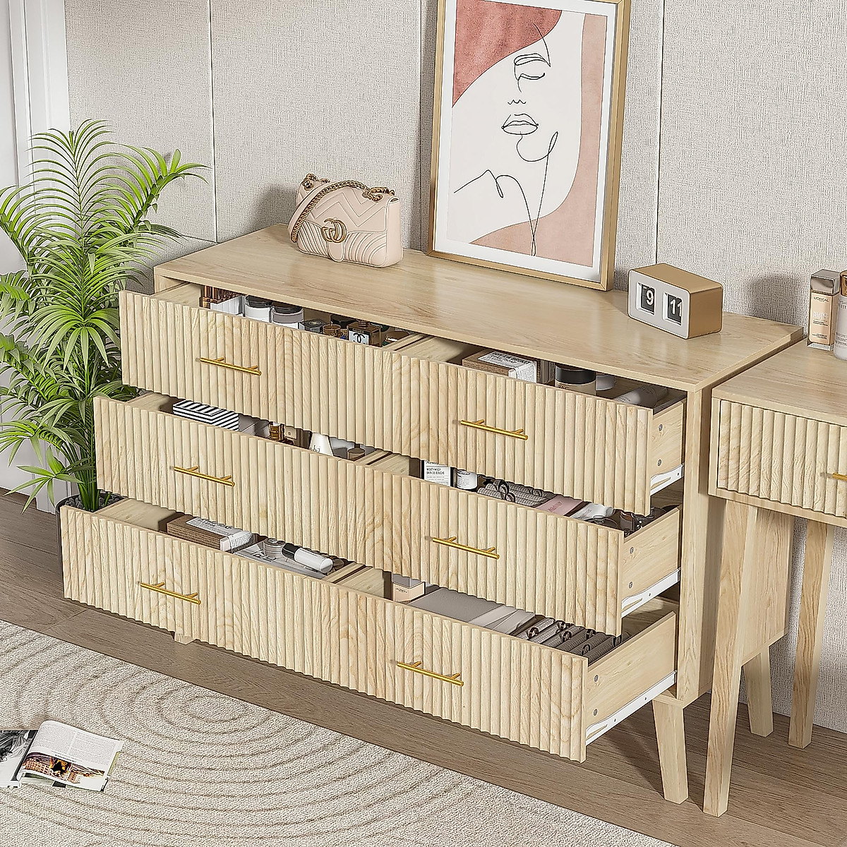 Athuiline 6 Drawers Dresser for Bedroom Chest of Drawers with Wood Legs Modern Wood Storage Cabinet with Metal Handles for Bedroom Living Room Kitchen Hallway Entryway (Khaki)