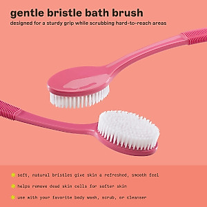 Freeman Gentle Bristle Bath Brush, Soft & Stiff Shower Bristles, Remove Dead Skin, Long Rubber Handle for Gripping, Gently Exfoliating for Back & Body, Stimulates Blood Circulation, 4 Count