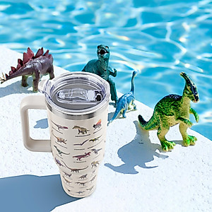 XAIVEZL Dinosaur Mug 40 oz Tumbler with Handle and Straw Lid Leak Proof - 40 Ounce Tumbler for Jurassic Dino World Park Dinosaur Birthday Decorations Party Supplies Stainless Steel Cup