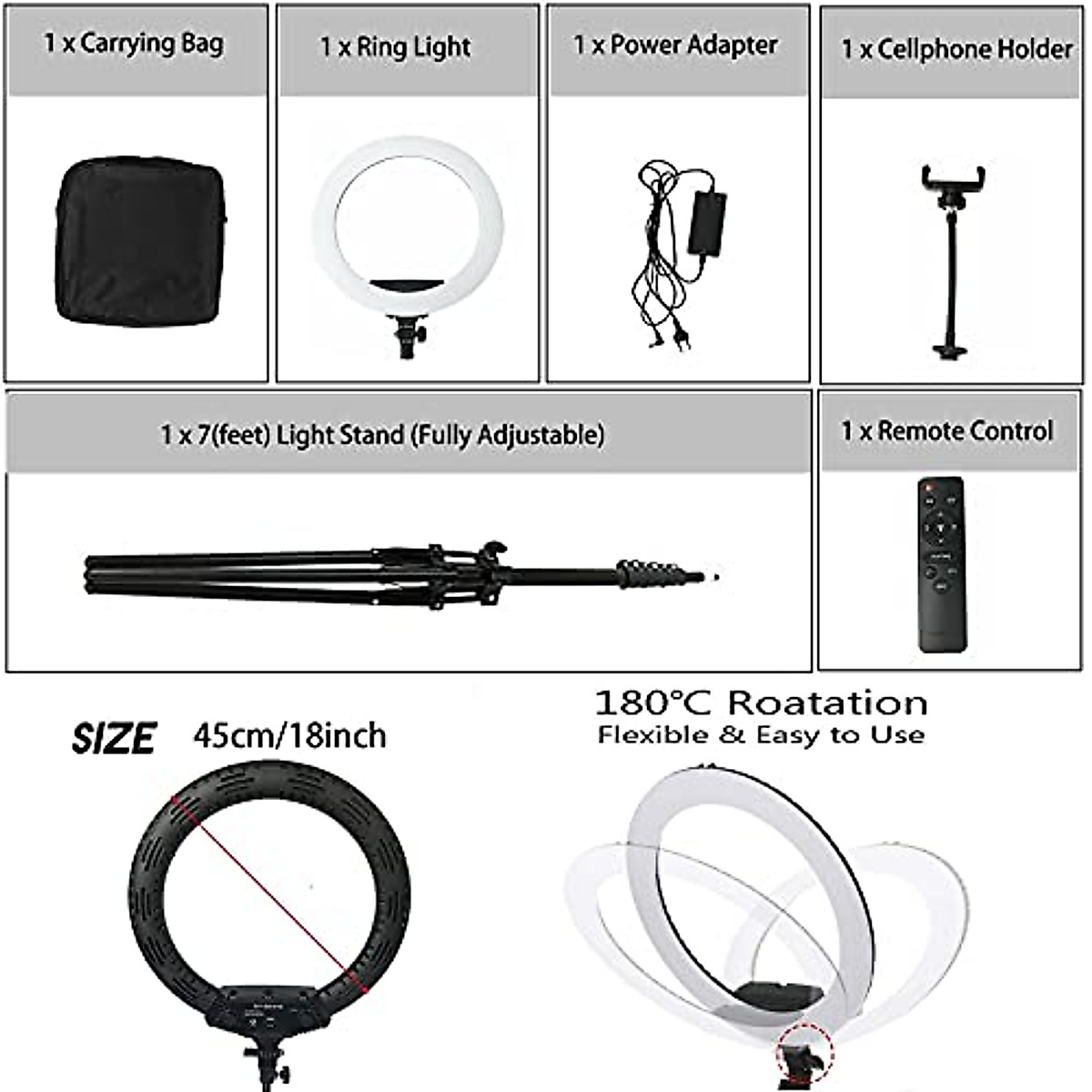 Ring Light - 18 inch 52 W Dimmable LED Ring Light Kit with Stand Adjustable 3200-5500 K Color Temperature Lighting for Vlog, Makeup, YouTube, Photo,Camera,Video - Control with Remote
