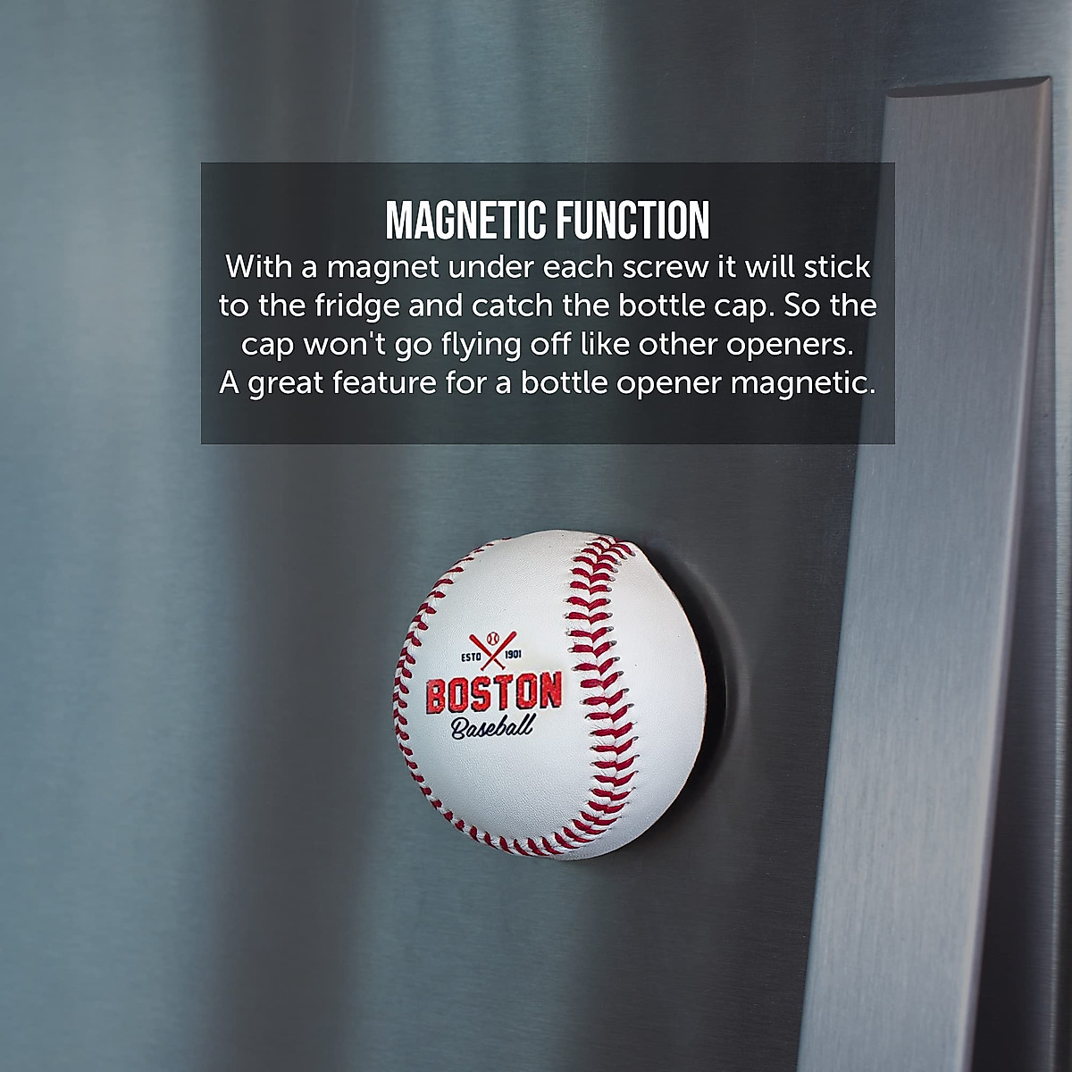 Buffalo BottleCraft Boston Bottle Opener, Made from a real Baseball, The BaseballOpener, Cap Catcher, Fridge Magnet