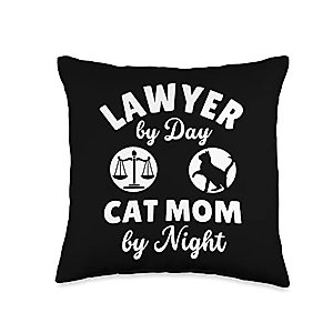 Lawyer Gifts For Women Cat Mom Law School Student Law Women Justice Lawyer by Day Cat Mom by Night Throw Pillow, 16x16, Multicolor