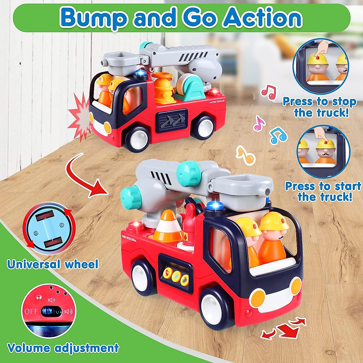 Toy Cars for 1 2 3 Year Old Boy Girls Gifts Fire Truck with Music & Light Toys for Toddler 1-3 Educational Learning Toys for 2 3 4 Year Old Birthday Gifts Baby Toys 12 18 Months for Infant Toddler