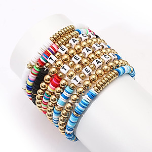 NLCAC 9 Pack Heishi Teacher Bracelets Stackable Rainbow Heishi Teach Beaded Stretchy Bracelet Preppy Jewelry Back to School Teacher Appreciation Gifts Rainbow