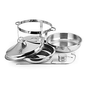 6 Qt Round Chafing Dish With Hanger Stainless Steel Chafer Set And Apron, Buffet Food Warmer Durable, Shiny Silver, Keeps Food Warm In All Catered Events