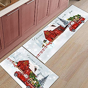 2 Piece Farm Animal Kitchen Rug Set Merry Christmas Indoor Floor Mats for Winter, Xmas Door Mat Runner Rug Carpet Mat for Kitchen Home Decor (15.7" x 23.6"+15.7" x 47.2") - Red Truck Snowy Retro Barn