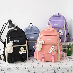Teslawi kawaii backpack 4Pcs Set Aesthetic backpack 17in backpack，with Kawaii Pendants，Crossbody Bag ，Pencil Case, Handbag (Blue)