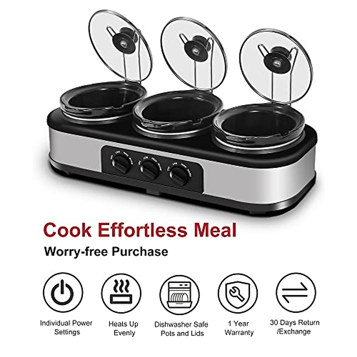 Triple Slow Cooker with Lid Rests, Breakfast Buffet Servers and Warmers with 3 X 1.5Qt, Tempered glass lids & 3 Adjustable Temp, Dishwasher Safe, Stainless Steel