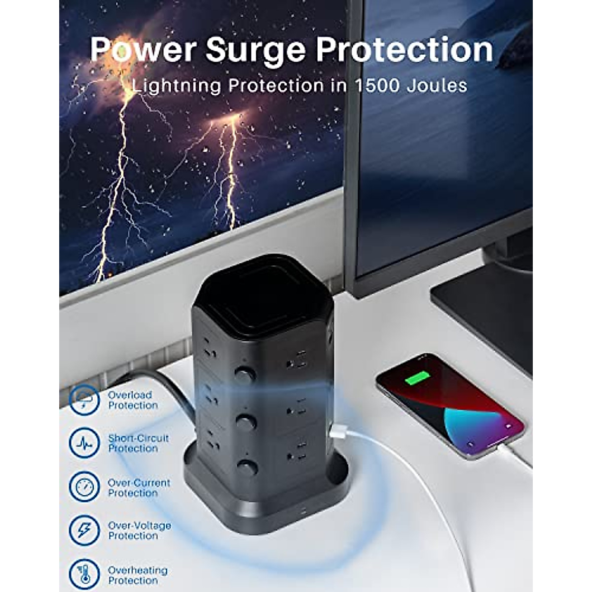 Power Strip Tower by KOOSLA, [15A 1500J] Surge Protector - 12 AC Multiple Outlets & 6 USB Ports, Flat Plug 14 AWG Heavy-Duty Extension Cord 6.5ft, Home Office Supplies, Dorm Room Essentials Black