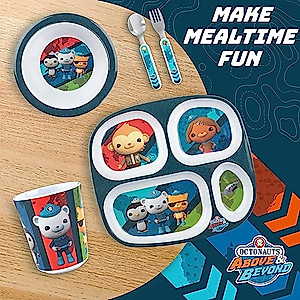 Octonauts 5 Pcs Mealtime Divided Plate Feeding Set for Kids & Toddlers-Explorer- Includes Multi-Compartment Plate, Bowl, Cup, Fork & Spoon Utensils-Durable, Dishwasher Safe, BPA Free