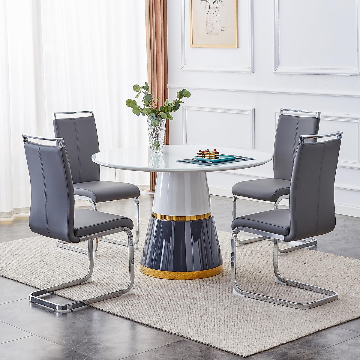 Modern 5-Piece Round Marble Dining Table with 4 Gray Upholstered PU Leather Dining Chairs Set, Circular Marble Texture Dining Table with Gold Pedestal and Printed Marble Top for Dining Kitchen