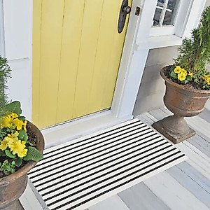 Breezsisan Black and White Striped Outdoor Rug, Cotton, 23x35.5 Inches Striped Rug, Under Mat Rug for Front Porch, Patio, Entryway, Farmhouse, Handwoven Modern Rug, Striped Carpet & Welcome Mat.