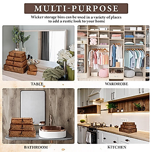 Beeveer 6 Pcs Seagrass Storage Baskets with Lid Large Wicker Decorative Storage Baskets Stackable Boxes Woven Rectangular Rattan Storage Bins Shelf Baskets Organizer for Closet Bedroom, Coffee