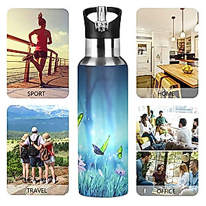 Kigai Beautiful Butterfly and Flower Water Bottle, Outdoor Sports Bottle With Wide Mouth Straw Lid, Stainless Steel Double Wall Vacuum Insulated Flask for School Gym 34 oz