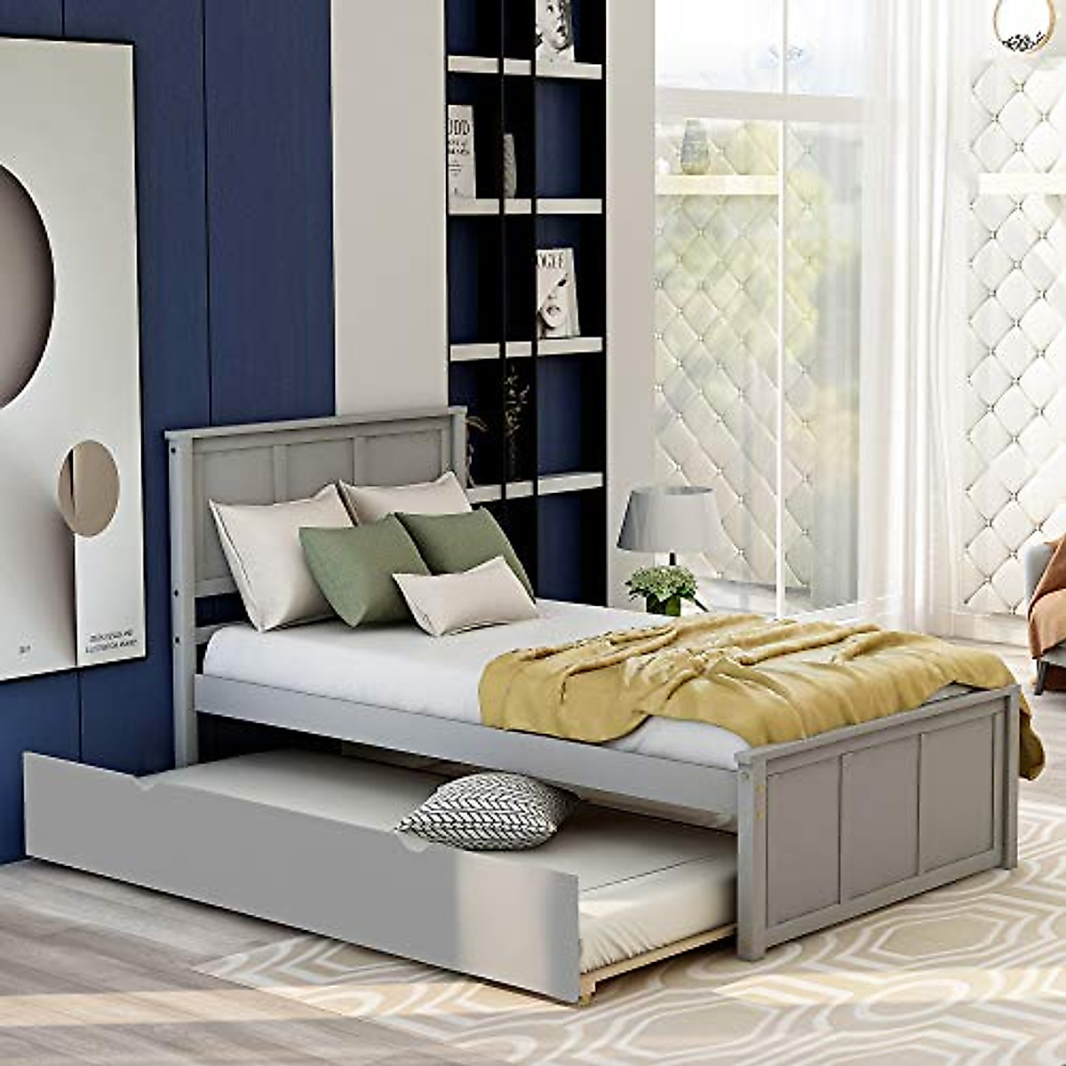 GLORHOME Twin Platform Bed Wood Day Bed Frame with Trundle and Headboard,Living Room/Bedroom Furniture for Kids Teens Adults, Grey