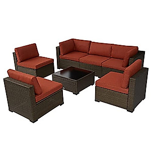 7 Pieces Outdoor Patio Sectional Sofa Set,Brown Wicker Furniture Set, Washable Seat Cushions with Zippers and Tempered Glass Table, Maple Red Cushion