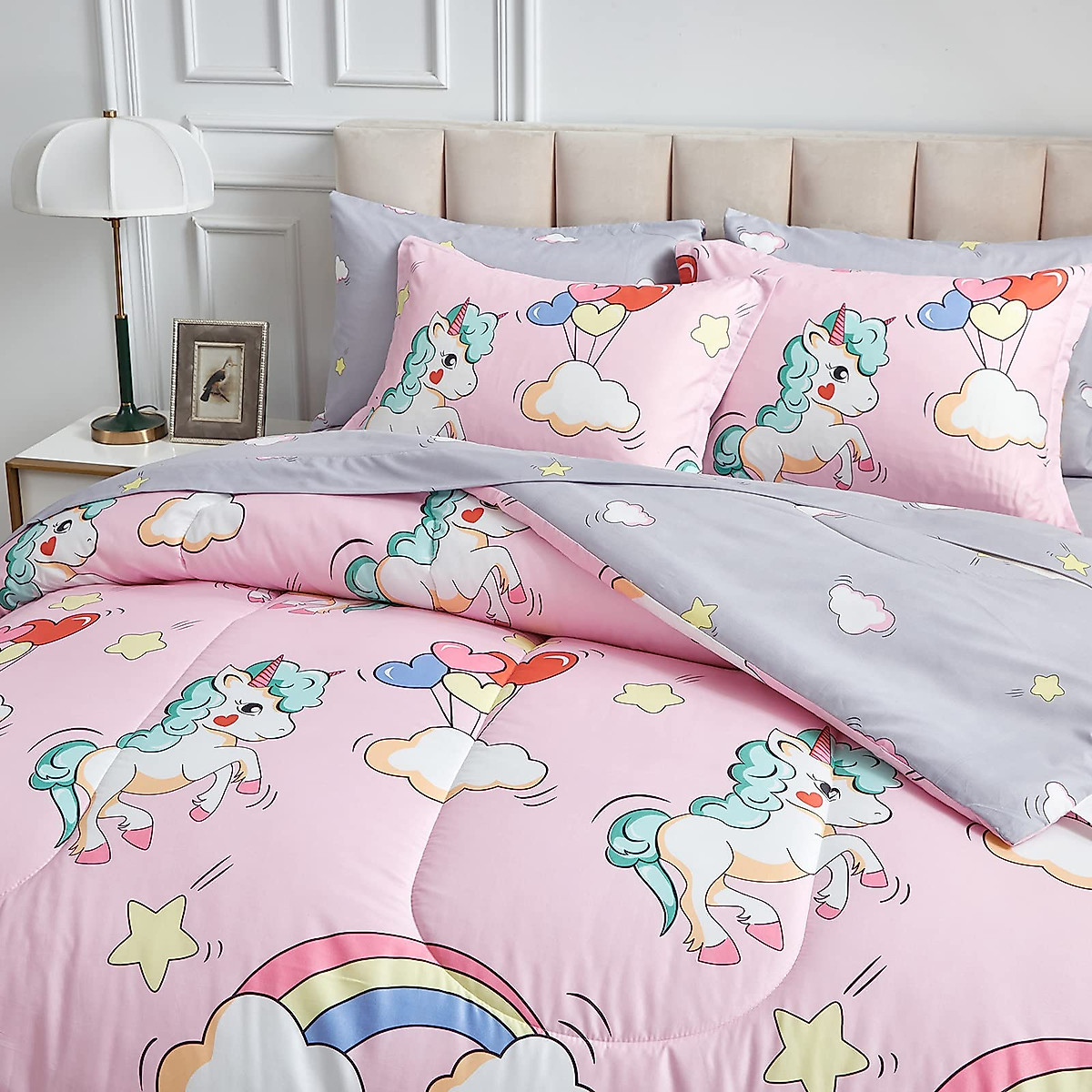 UOZZI BEDDING Kids Girls Bed in a Bag 7 Pieces Queen Size Unicorn Pink Comforter Set - (1 Soft Microfiber, Reversible Comforter, 2 Pillow Shams, 1 Flat Sheet, 1 Fitted Sheet, 2 Pillowcases)