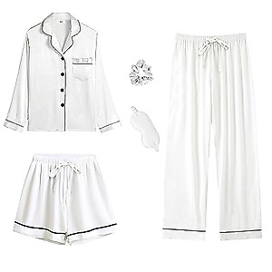 WJing Yi Jia 5Pcs Womens Silk Satin Pajamas Sets Long Pj Sets Button Down Pjs Set Sleepwear White