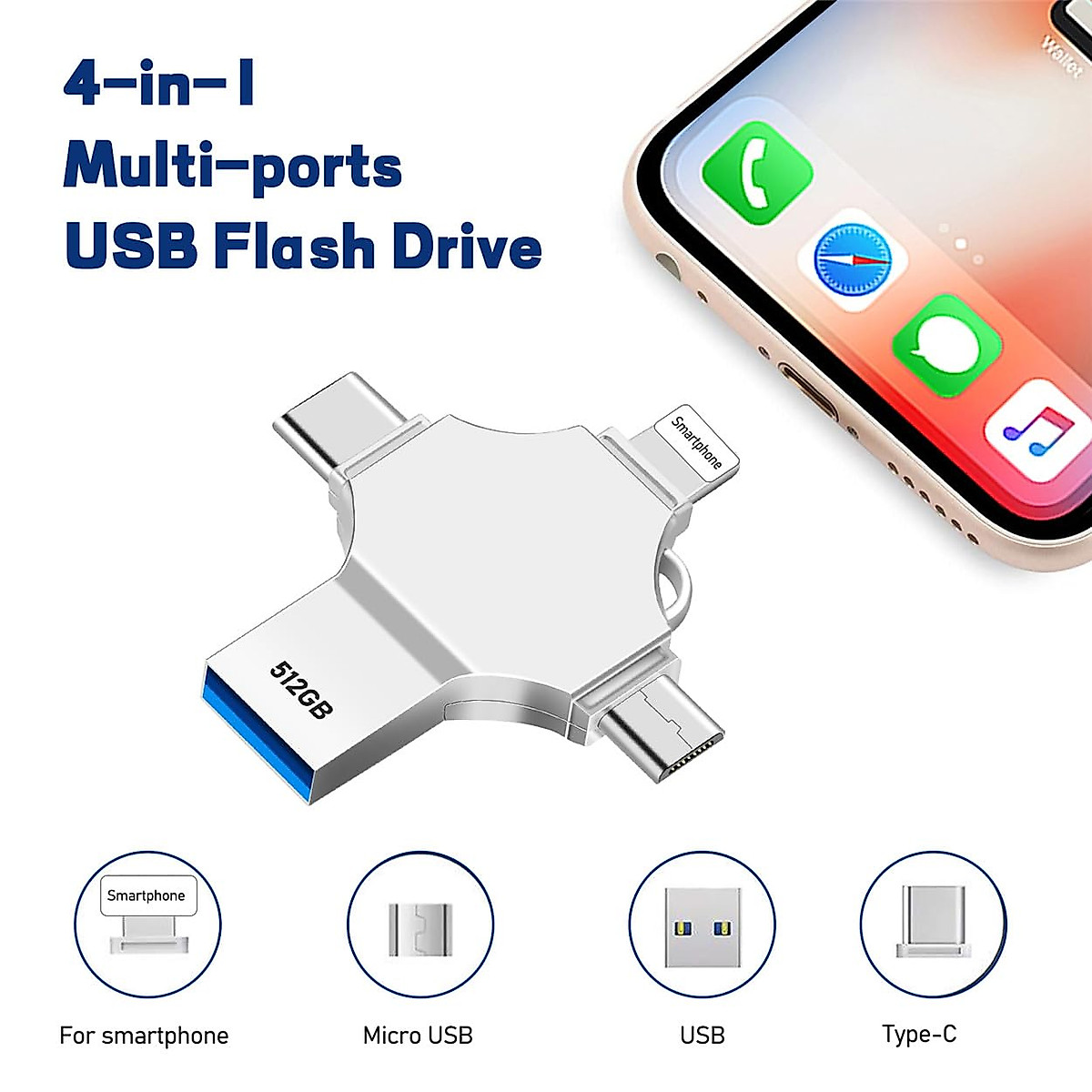 AOIRHLA 512GB USB 3.0 Flash Drive - 4 in 1 Memory Stick and Thumb Drive for Smartphones, Computers, Laptops, PCs, and Android - External Data Storage