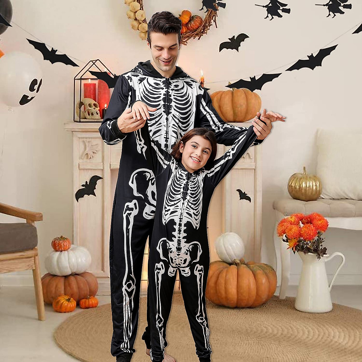 ANGELGGH Family Matching Halloween Onesie Pajamas, Funny Skeleton Printed Hooded Zippered PJs Holiday Loungewear for Men/Women (Youth, 6-8T, Skull)