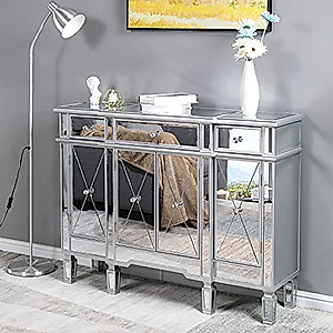 VINGLI Mirrored Credenza with Drawers and Doors Console Table Sideboards and Buffets Cabinet with Storage Media Table, 47.64" L x 14.2" W x 35.83" H