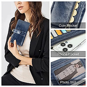 Contact's Kiss Lock Wallet for Women Leather Clutch Wallet Vintage Coin Purse RFID Wallet Bifold Blue Card Phone Holder