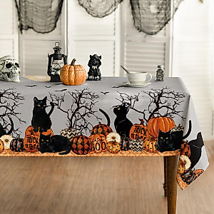 Horaldaily Halloween Tablecloth 60×84 Inch Rectangular, Buffalo Plaid Pumpkin Moon Cat Washable Table Cover for Party Picnic Dinner Decor