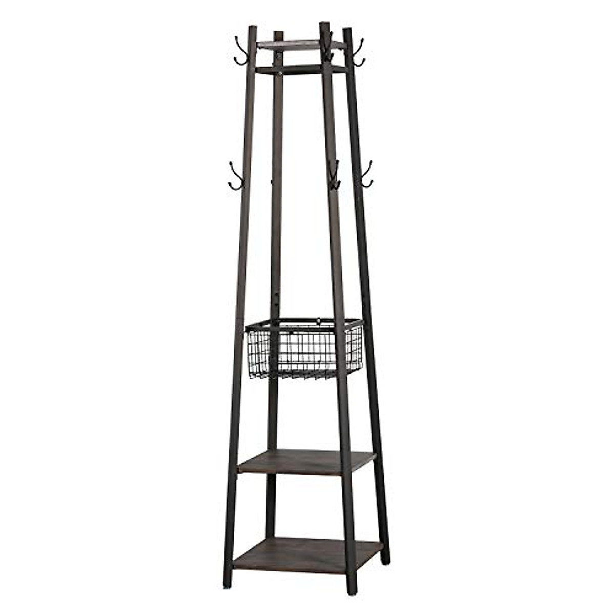 VECELO Coat Rack Freestanding, Entryway Clothes Stand with Metal Basket and 2 Shelves, Upgrade Hall Trees with 8 Dual Hooks for Bags, Hats, and Umbrellas, Industrial Styles, Vintage Brown+ Black