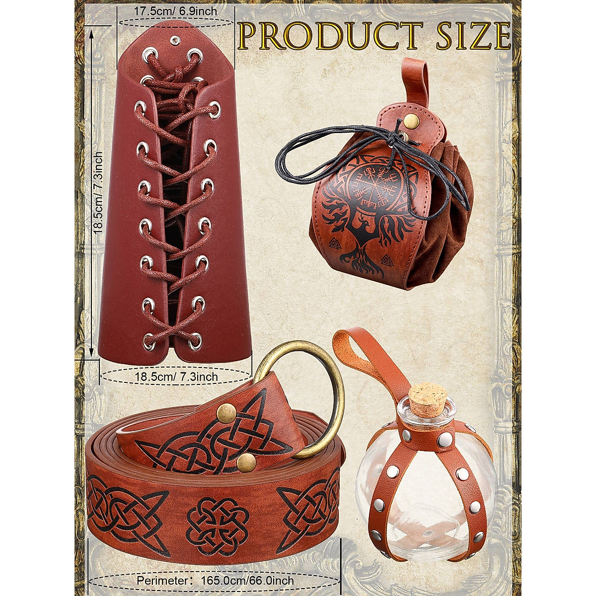Medieval Faux Leather Set Adults Faux Leather Arm Guards Drawstring Faux Leather Pouch Halloween Dark Magic Cork Potion Bottle Knight Leather Belt Brown