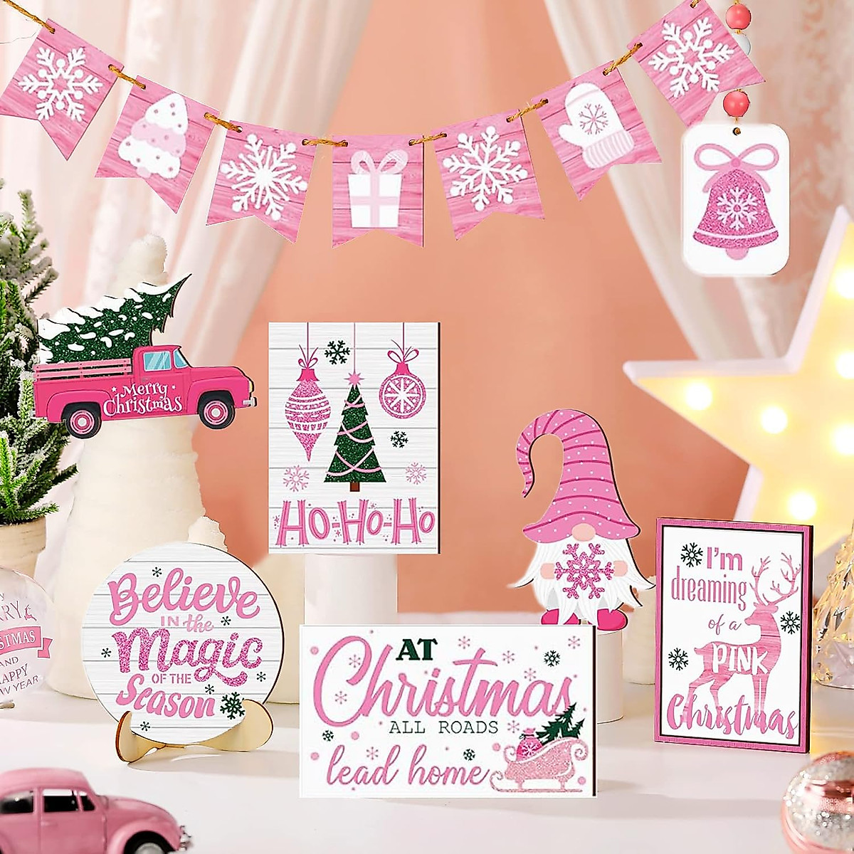Pink Christmas Decoration, Christmas Tiered Tray Decor 15 Pcs Pink Christmas Ornaments Farmhouse Rustic Decor Christmas Gnome Truck Snowflake Wooden Sign for Christmas Centerpiece Table Party Holiday