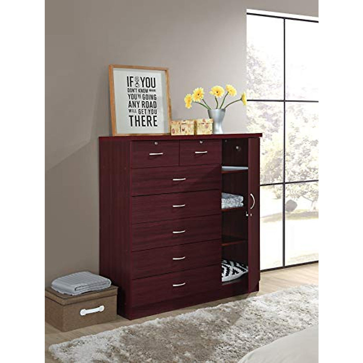 Hodedah 7 Drawer Jumbo Chest, Five Large & Two Smaller Drawers with Two Lock, Hanging Rod, and Three Shelves | Mahogany, 17.76" D X 47.24" W X 48.39" H