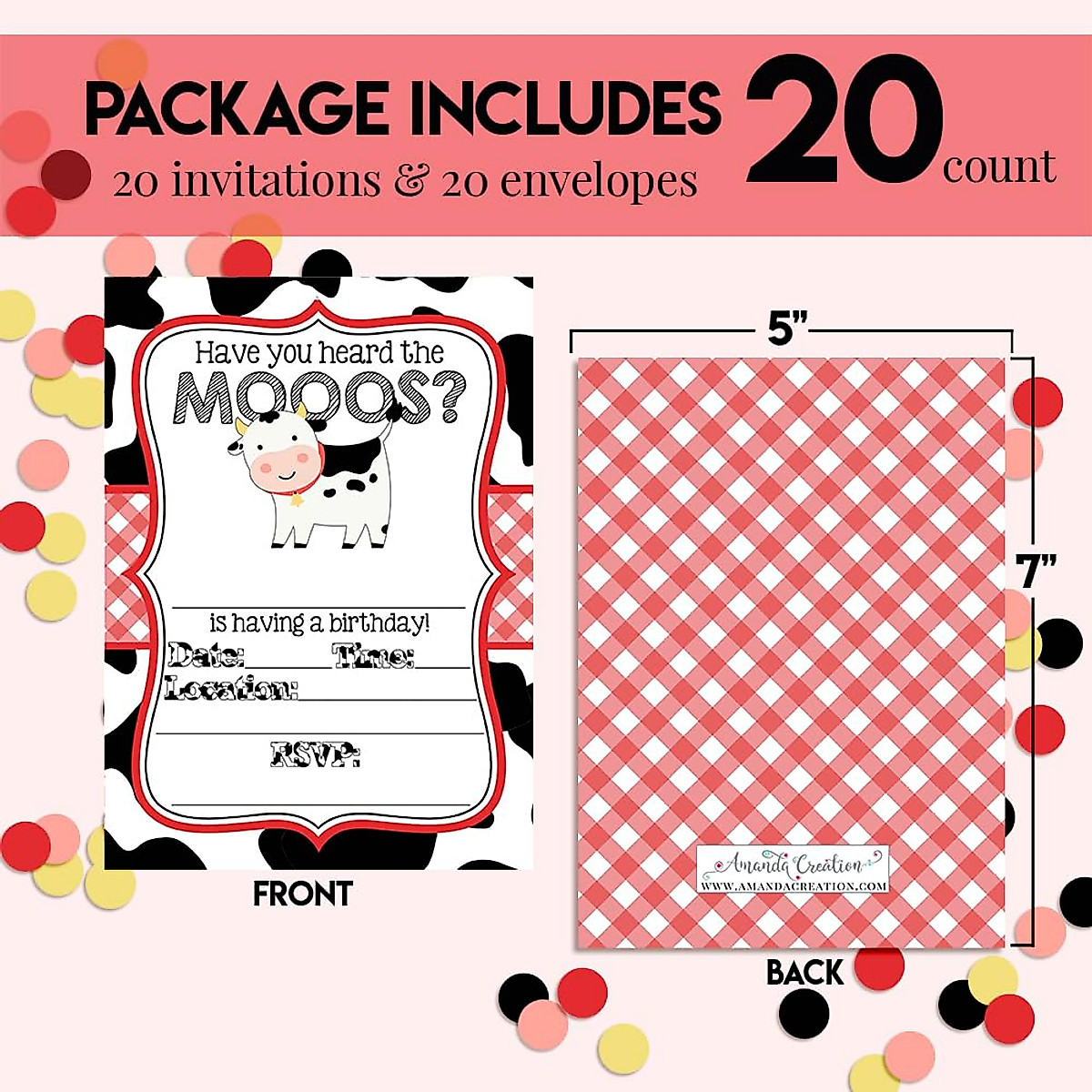 Heard the Moos Red Cow-Themed Birthday Party Invitations for Kids, 20 5x7 Fill In Cards with Twenty White Envelopes by AmandaCreation