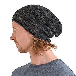 CHARM Linen Beanie Hat for Summer - Mens Slouchy Beanie Womens Baggy Knit Cap Cooling Hat Black