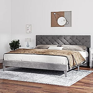 Catrimown King Size Bed Frame with Adjustable Headboard, Modern Velvet Upholstered Platform Bed Frame, Wooden Slat Support, Mattress Foundation, No Box Spring Needed, Easy Assembly, (Grey, King)