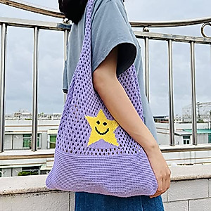 Fairycore Hobo Bag Y2K Fairy Grunge Star Crochet Tote Bag Aesthetic Indie Shoulder Handbags Grunge Mesh Purse Accessory (Beige)