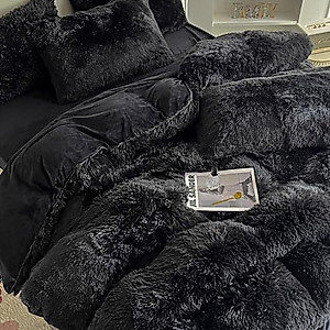 MR.FEATHER Duvet Cover Queen Size, Thickening Winter Fluffy Luxury Plush Shaggy Duvet Cover Sets Velvet Bedding Comforter Bed Sets 3 Pieces (Black, Twin)