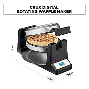 CRUX Rotating Belgian Waffle Maker with Deep Nonstick PFOA Free Plates, Digital Keto Chaffles Iron with LCD Display, Browning Control and Cord Storage, Stainless Steel