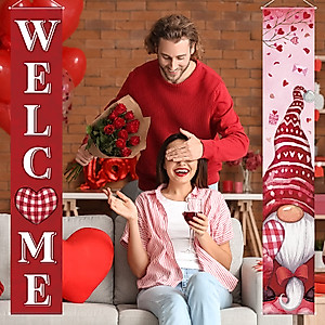 Welcome Valentine Porch Banners Gnome Love Door Banner with Love Gnome Leaves Gift Box Pattern Valentine's Hanging Banners Valentine Home Decors for Valentine Home Indoor Outdoor Supplies (Love Theme)